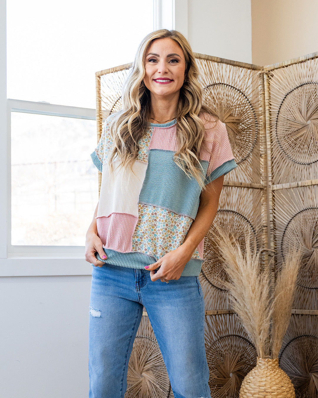 Rochelle Corded Color Block Floral Top - Pale Peach SALE