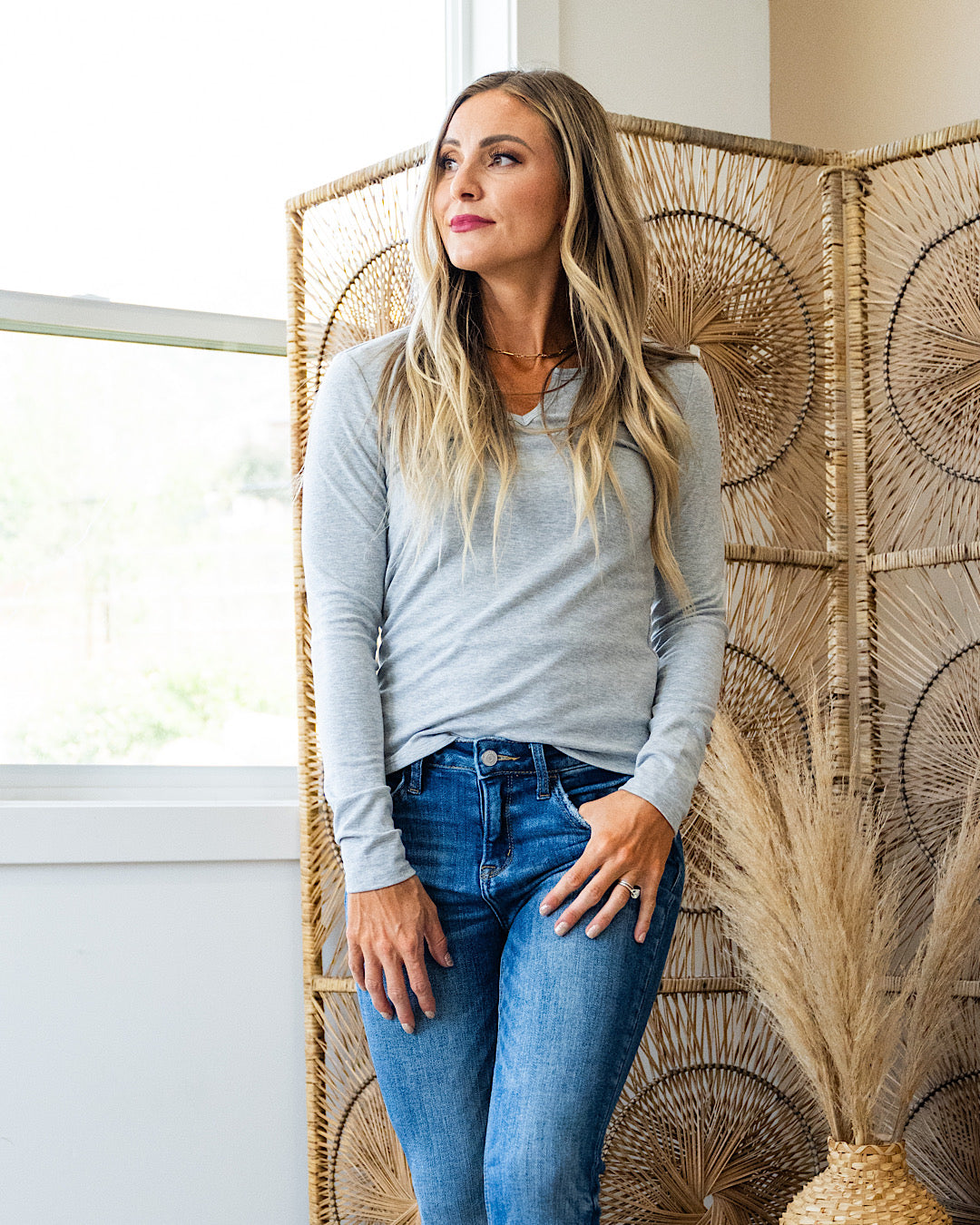 Dani Notched Neck Long Sleeve Top - Heather Gray FINAL SALE