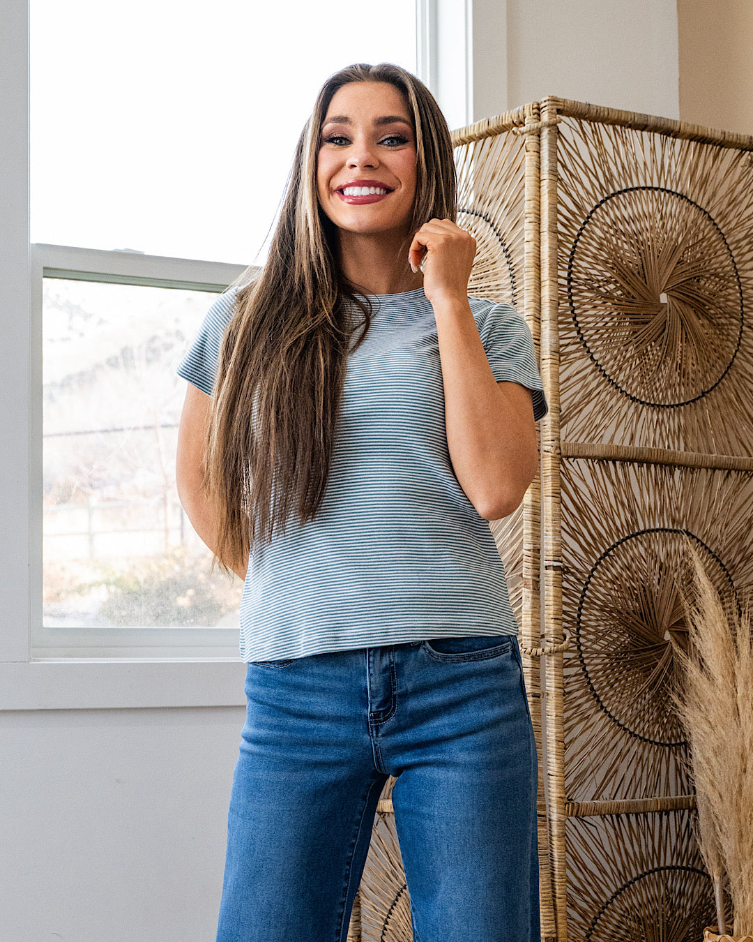 Lexi Light Turquoise and Ivory Striped Top
